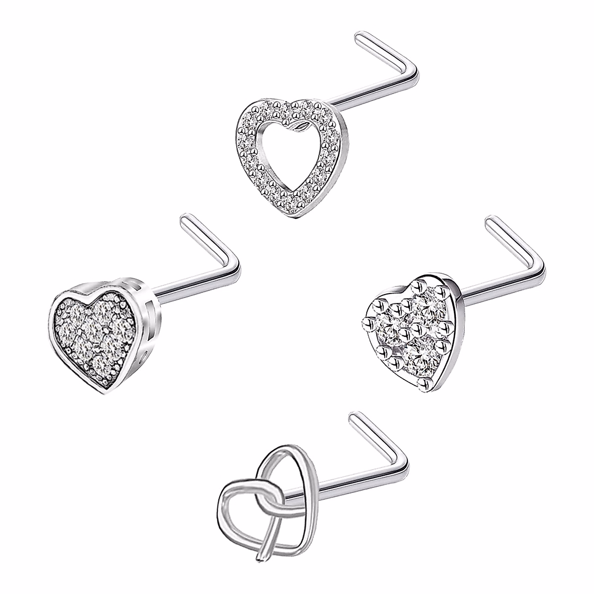 FLOGWE 20G 4PCS Nose Ring Studs 316L Heart Nose Ring Studs Heart Nose Stud Surgical Steel CZ L-Shaped Piercing Jewelry……