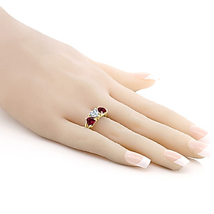 Gem Stone King 18K Yellow Gold Plated Silver 3-Stone Ring Near Colorless Heart Shape 2.72cttw Moissanite and Created Ruby (Size 7)
