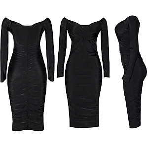 Fastkoala Women's Sexy V Neck Off Shoulder Ruched Bodycon Dress Long Sleeve Slim Fit Midi Dress Night Club Party Dresses Black 2XL