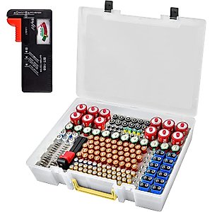 Battery Organizer Storage Holder- Batteries Case Containers Box with Tester Checker BT-168. Garage Organization Holds 225 Batteries AA AAA C D Cell 9V 3V Lithium LR44 CR2 CR1632 CR2032 (Blue)