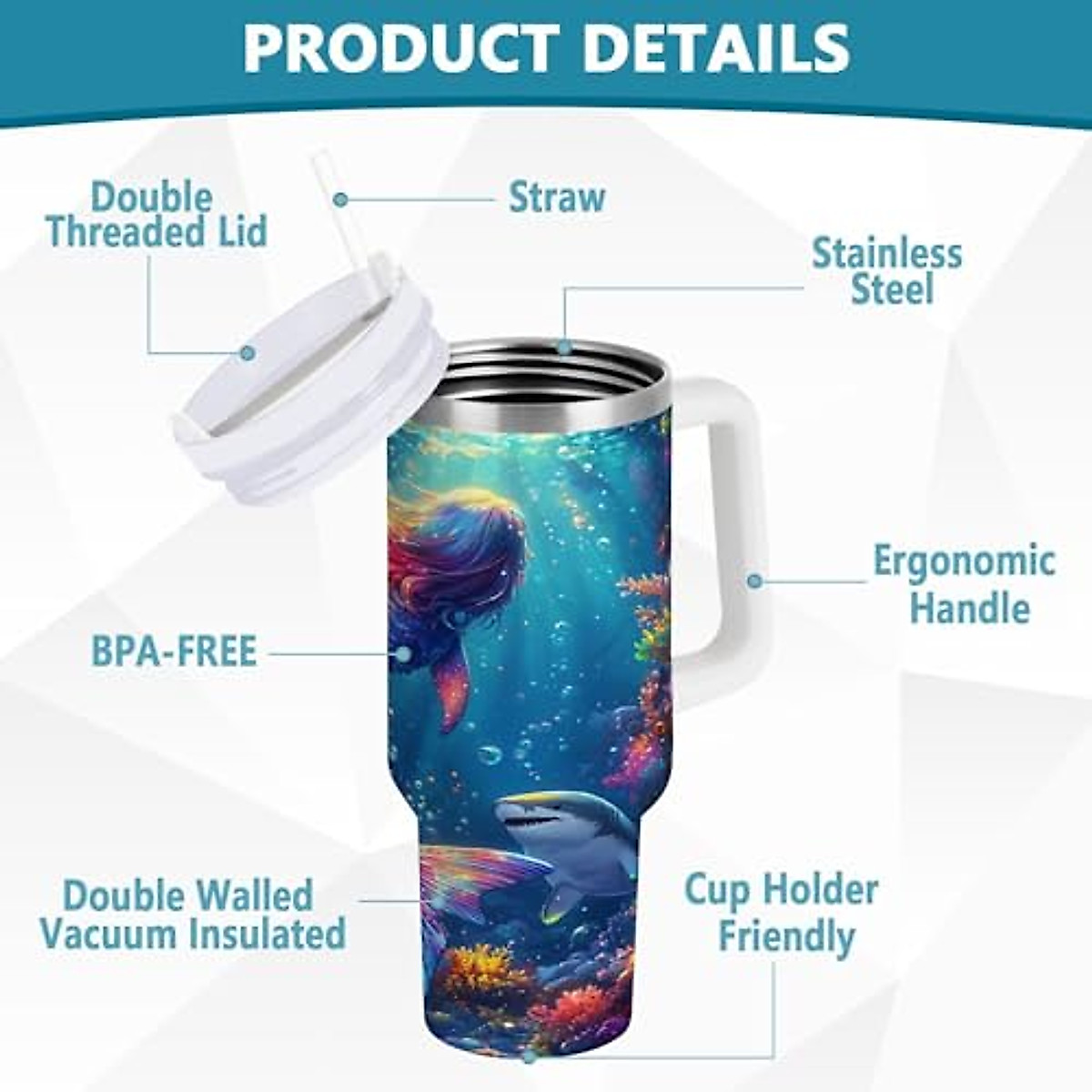 Slewiaeky Tumbler with Handle 40 oz Colorful Ocean Mermaid Shark Travel Mug with Lid and Straw Stainless Steel Vacuum Insulated Water Bottle Cup for Iced Tea Coffee Cold Beverages Cup Holder Friendly