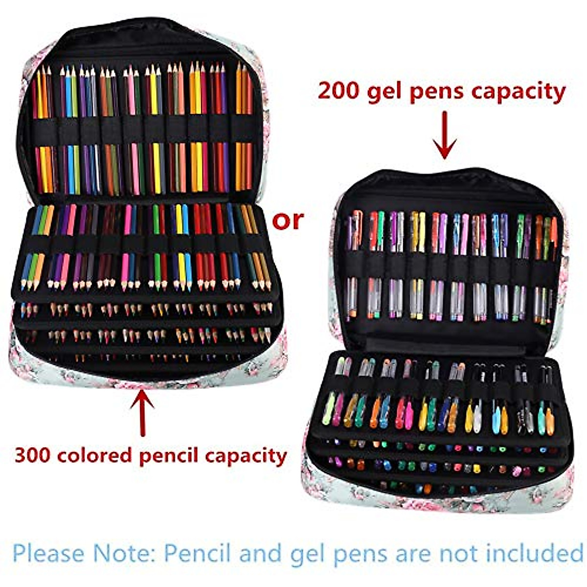 Shulaner Pencil Case Slot Holds 300 Colored Pencils or 200 Color Gel Pens with Zipper Closure Large Capacity Nylon Pen Organizer for Student or Artist (Green Rose with Shoulder Strap)