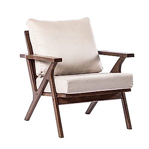 UNICOO - Mid Century Chair, Retro Upholstered Accent Armchair, with Wood Frame and Removable Cushions, Large Leisure Slipper Chair for Living Room/Bedroom (U2279-Beige)