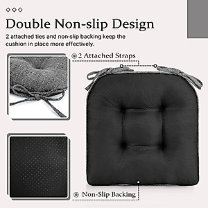 Wellsin Chair Cushions for Dining Chairs 4 Pack, 15.5" X 15.5" Kitchen Chair Cushions with Ties and Non-Slip Backing, Tufted Shredded Memory Foam Kitchen Chair Pads, Dark Gray