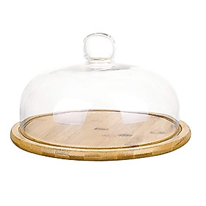 HEMOTON Cake Serving Plate with Dome Wood Dessert Stand Tray Pastry Cheese Display Glass Dome Cloche Plate Centerpiece for Cream Cake Desert Salad 21CM