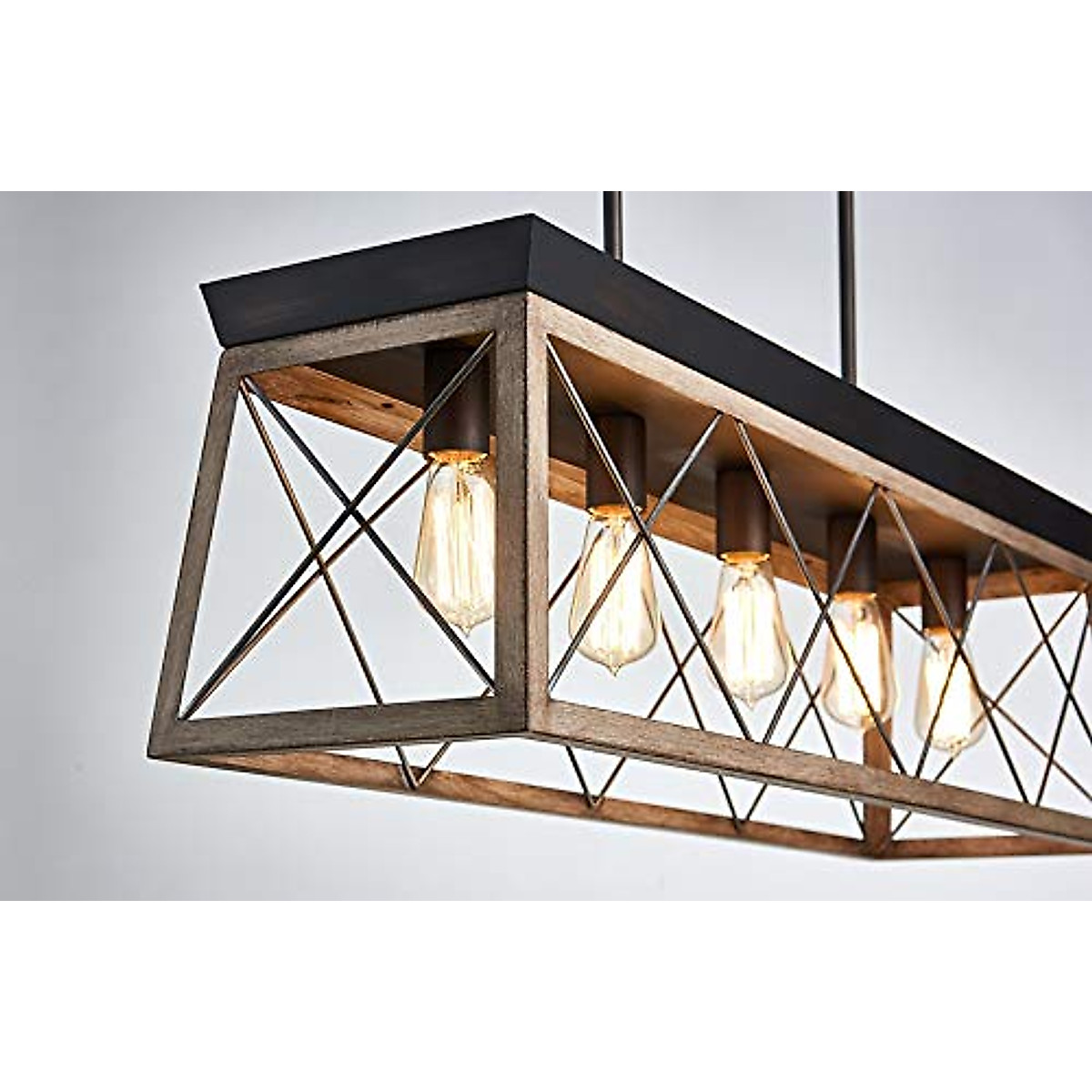 Saint Mossi 5 Light Wood Metal Chandelier, Kitchen Island Pendant Lighting for Dining Room, Rustic Vintage Farmhouse Industrial Light Fixtue, L39 x H12 x W12, Oaky Painted Metal and Stardust Network