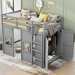 Merax Wood Loft Bed Twin Size with Storage Wardrobe, 2 Windows Design, for Teens, Boys & Girls, Grey