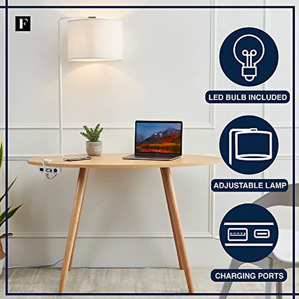 FENLO Future Oval - 45.5" Mid-Century Desk with Charging Station, Home Office Desk with USB, USB-C, and Power Outlet, Smart Work Table for Home Office, Round Table with USB Charging (Natural Wood)