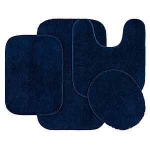 Garland Rug Traditional Washable Bath Rug Set, 4 Piece (Toilet Seat Cover,Contour Rug, 21" x34', 17"x24" Bath Rugs) Navy
