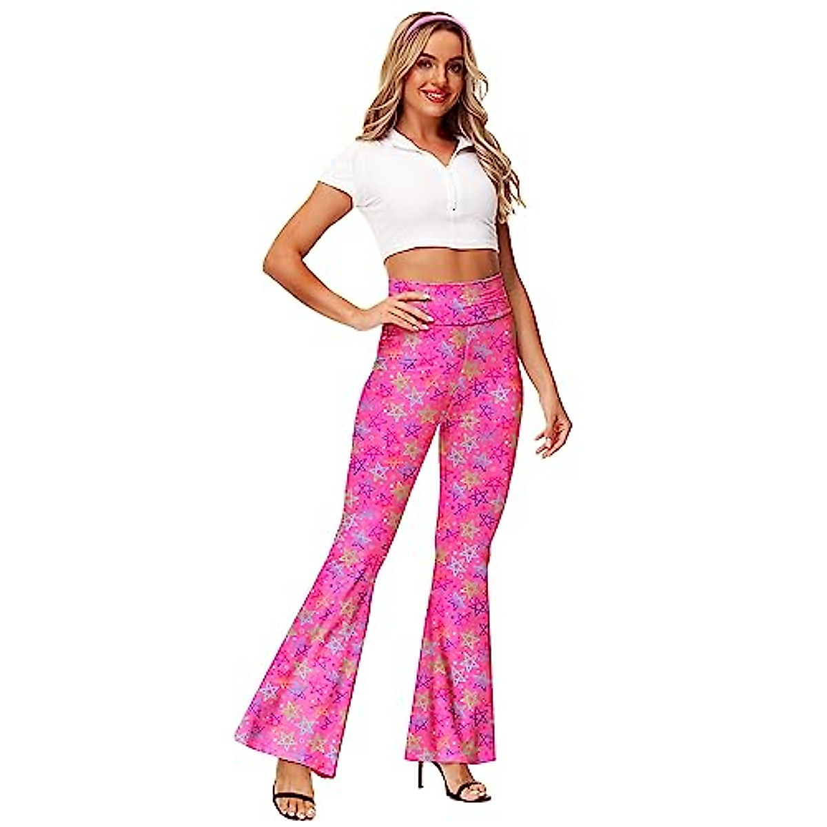 Flare Pants for Women 70s 80s Bar-bie Costume Bell Bottom Pink Disco Hippie Pants S