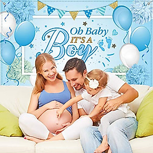 Blulu Baby Shower Party Backdrop Decorations, Large Durable Fabric Made Baby Shower Banner Backdrop Photo Booth Background for Boy's or Girl's Baby Shower Party Supplies (Boy Style)