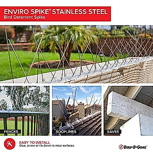 Bird B Gone - Pre-Assembled EnviroSpike Stainless Steel Anti Bird Spikes (10') - UV-Stabilized Polycarbonate Base - Humane Deterrent - Stops Pigeons & Birds from Roosting On Rooftops, Ledges, Fences