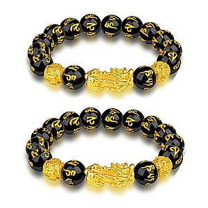 Black Obsidian Wealth Bracelet, 2 Pcs Pi Xiu Bracelet Good Luck Bracelets for Women Men Attract Wealth Money Jewelry