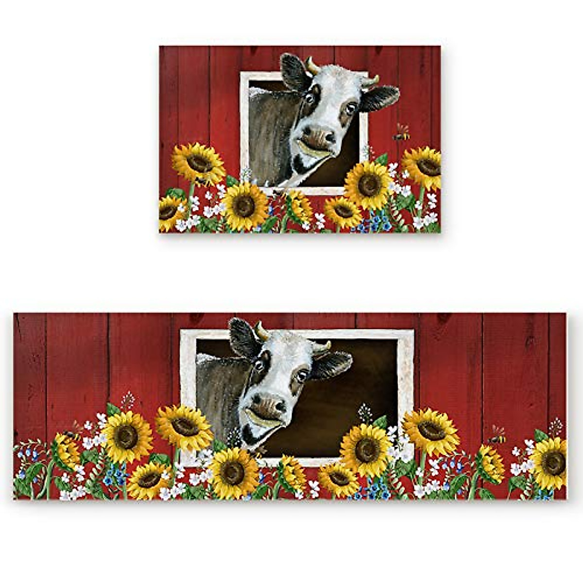 BestLives Kitchen Rug Set of 2 Piece, Farmhouse Sunflower Cow Floor Mats Non-Slip Area Runner Carpet Washable Indoor Doormat Pad Sets, Rustic Style Farm Barn Animal Floral 15.7x23.6in+15.7x47.2in