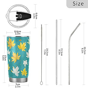 Watercolor White Yellow Maple Leaves Turquoise Stainless Steel reusable coffee cups with lids with Straw Lid coffee mug spill proof for travel simply modern insulated tumbler with lid termos