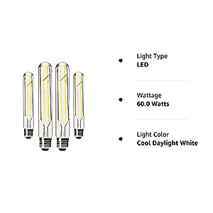 VCTC Lighting Dimmable T10 LED Bulbs,4000K Daylight White,6W Tubular Light Bulb, Edison LED Bulb 60 Watt Equivalent,E26 Medium Base 600LM, Clear Glass Cover,7.3in(185mm),4-Pack