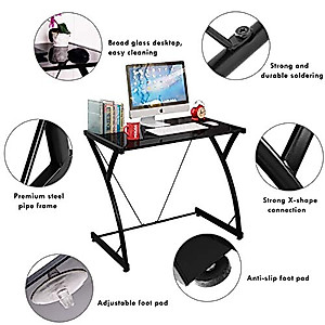 Tangkula Computer Desk Writing Table with Glass Top, Z-Shape Iron Frame Study Writing Desk with Adjustable Feet, Simple Laptop Desk Home Office Desk Computer Workstation