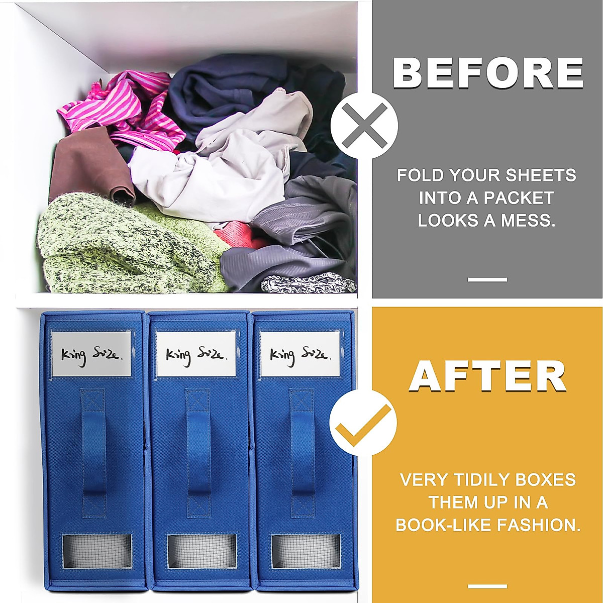 4 Pack Foldable Bed Sheets Organizers and Storage Twin/Full/Queen/King Linen Fabric Closet Organizers with Window, Folding Bedding Storage Box for Bedsheets Clothes