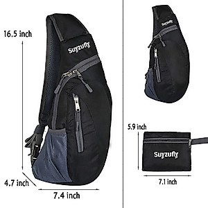 Suyzufly Men Women Foldable Sling Bags Shoulder Chest Backpack Crossbody Daypack for Cycling Walking Hiking Black