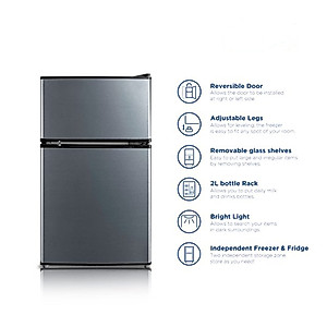 2 Door Mini Fridge, 3.2 Cu ft Compact Refrigerator with Freezer for Dorm Apartment Drinks Snacks Cooling (Stainless Steel)