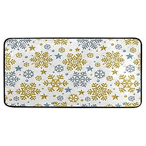 Christmas Snowflakes Kitchen Floor Mat Gold Silver Glittering Stars Comfort Mats Entryway Welcome Non Slip Rug for Indoor Hallway Front Door Bedroom Living Room Bathroom Doormats Home Decor 39" X 20"