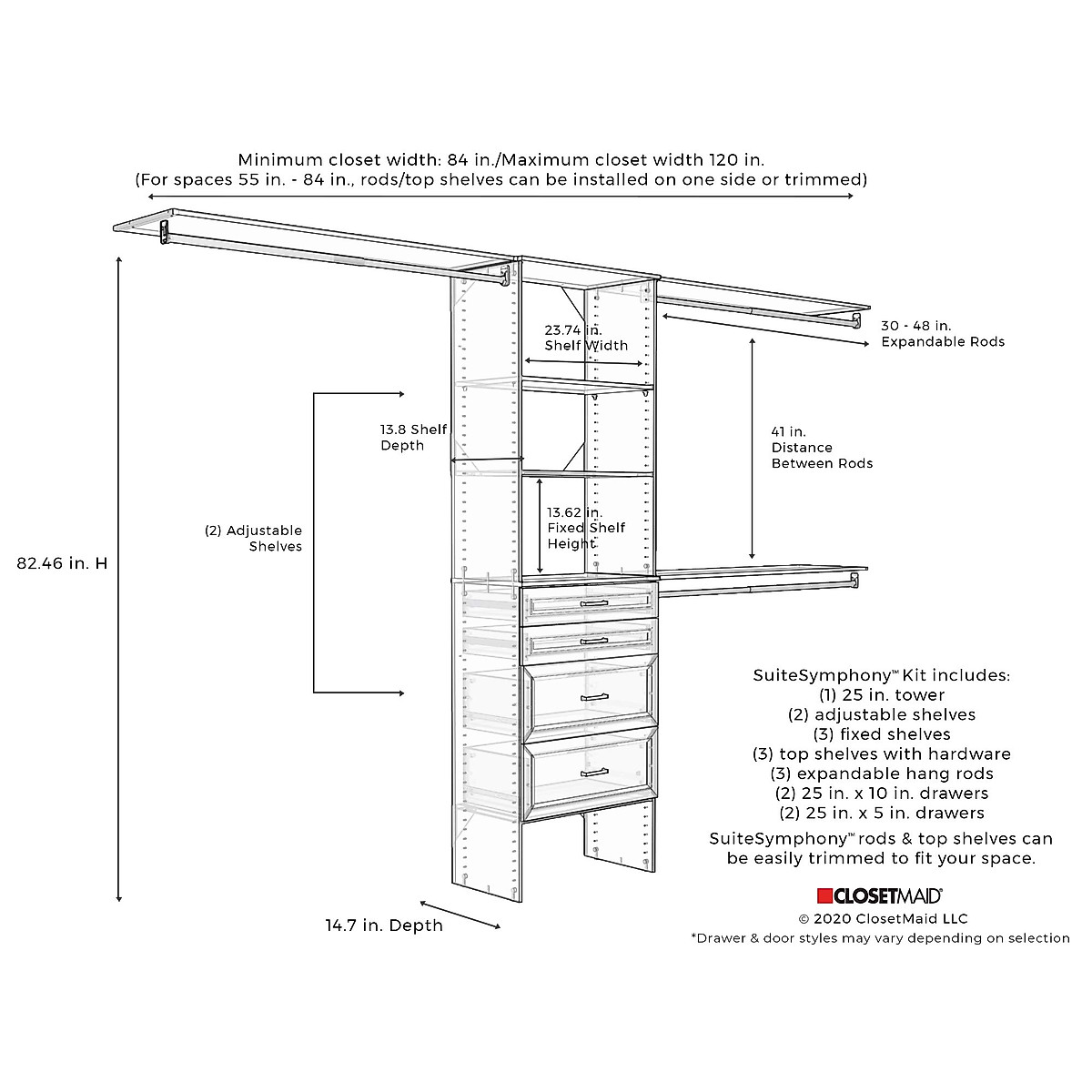 ClosetMaid 1937140 SuiteSymphony Modern 25-Inch Closet Organizer with Shelves and 4-Drawers, Pure White