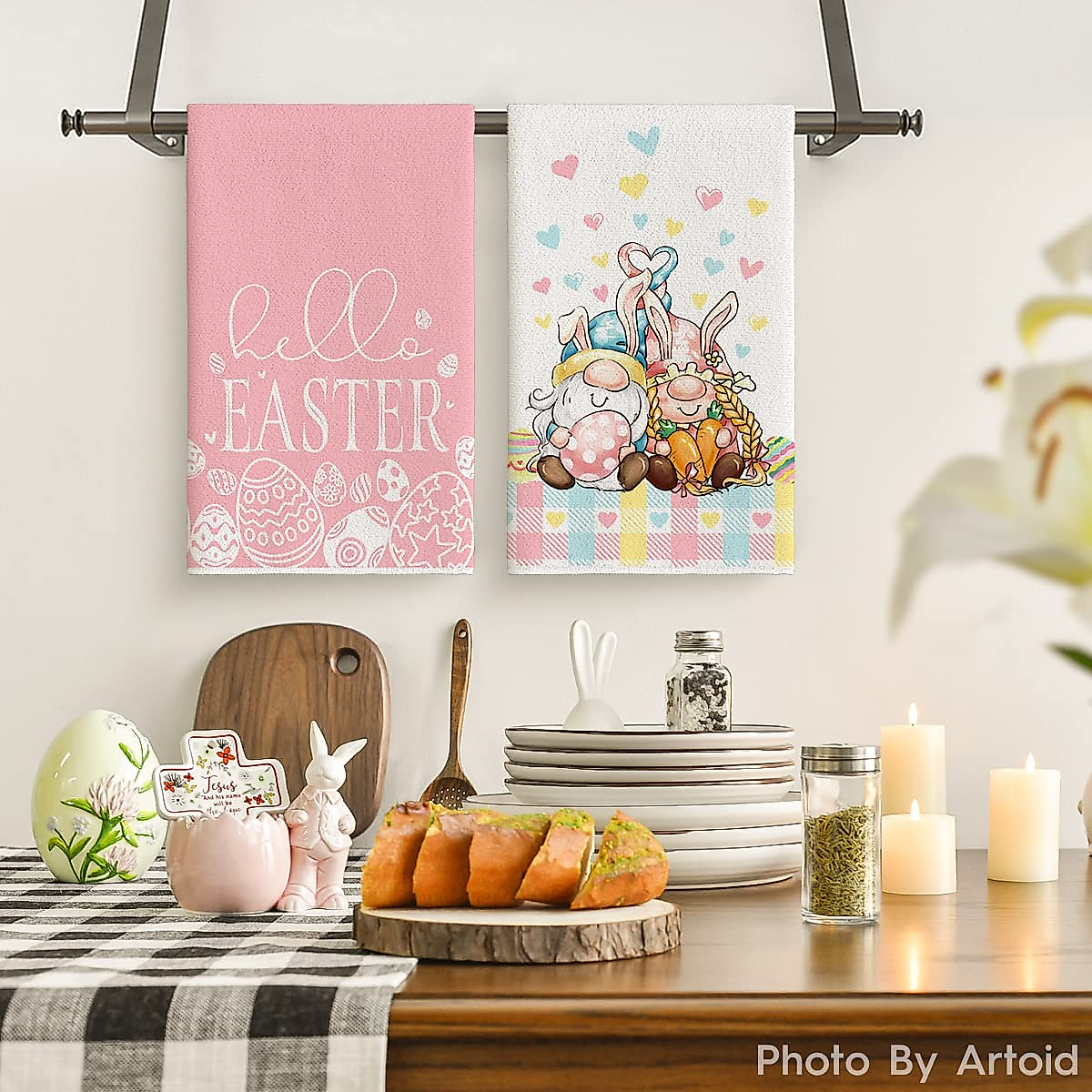 Artoid Mode Gnome Bunny Rabbit Eggs Pink Hello Easter Kitchen Towels Dish Towels, 18x26 Inch Seasonal Spring Decoration Hand Towels Set of 2