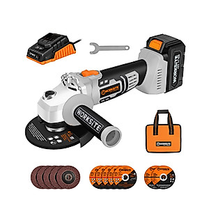 WORKSITE Cordless Angle grinder, 4-1/2 Inch Power Angle Grinder with 4-Pole Motor, Adjustable Auxiliary Handle, Cutting Wheels, Grinding Wheels and Flap Discs, 4.0 Ah Battery & Charger Included