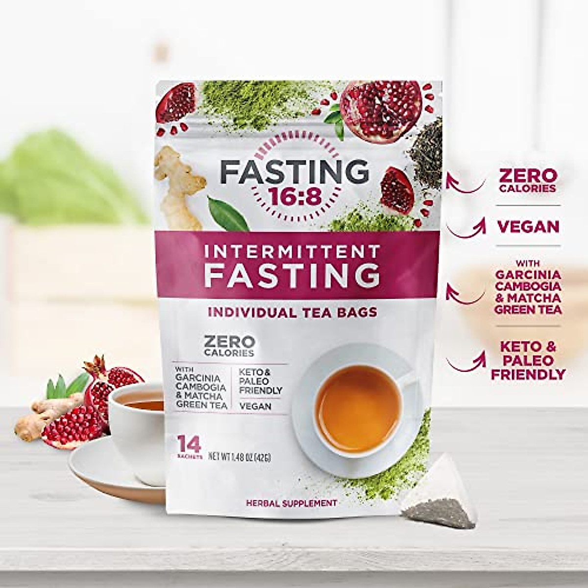 Fasting 16:8 Intermittent Fasting Individual Tea Bags - 0 Sugar - 0 Calories - Vegan - Gluten & Diary Free - 14 Count - Pantry Friendly, Brown