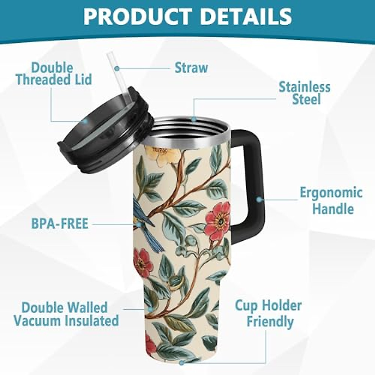 Selerdon 40 oz Tumbler Flowers Birds with Handle and Straw Lid Vacuum Stainless Steel Insulated Water Bottle Travel Mug Car Cup Holder Friendly BPA Free for Gym Travel Office