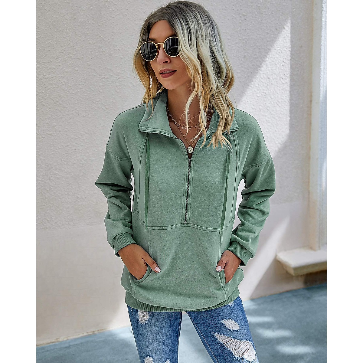 PRETTYGARDEN Women’s Casual Long Sleeve Lapel Zipper Sweatshirt Drawstring Loose Pullover Tops Green
