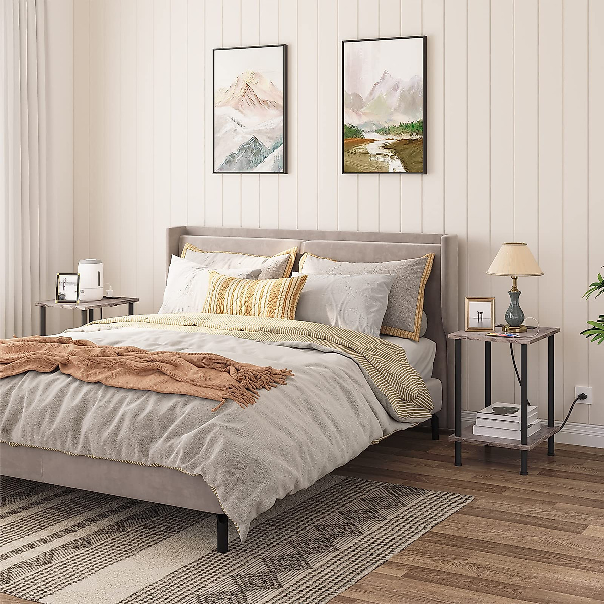 HOOBRO Side Table with Charging Station, End Table with USB Ports and Outlet, Nightstand with 2-Layer Storage Shelves for Small Spaces, Living Room, Bedroom, Stable Frame, Greige and Black BG09UBZ01