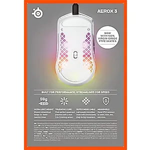 SteelSeries Aerox 3 - Holey RGB Gaming Mouse - Ultra-lightweight Water Resistant Design - 8,500 DPI TrueMove Core Optical Sensor - Snow