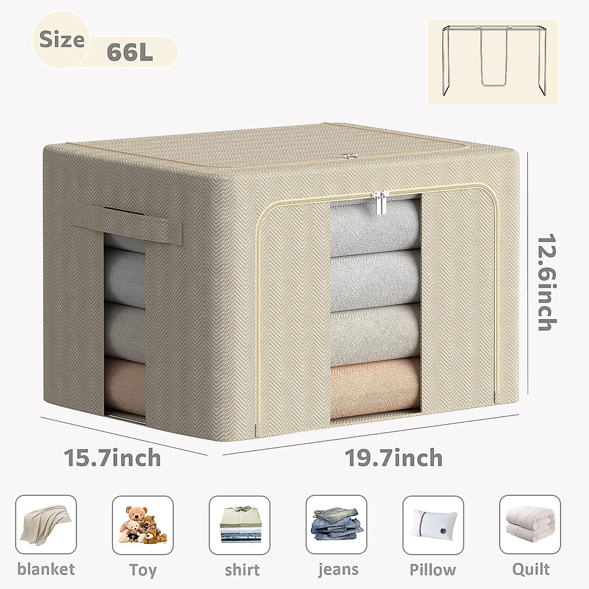 FHSQX Clothes Storage Organizer Bins- Stackable Storage Containers for Closet Foldable Storage Bins for Clothes with Clear Window & Carry Handles (Large-66L(19.7x15.7x12.6inch), Beige)