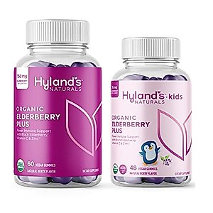 HYLAND'S Naturals Adult & Kids Organic Elderberry Plus Gummies, Organic Black Elderberry with ZINC & Vitamin C, Immune Support for Adults &Children, 60 Vegan Adult Gummies + 48 Vegan Kids Gummies