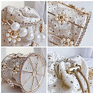 UMREN Women Luxury Pearl Diamonds Evening Bags Top-Handle Metal Bucket Bag Crystal Chic Purses Formal Wedding Handbags (One Size, Ivory)