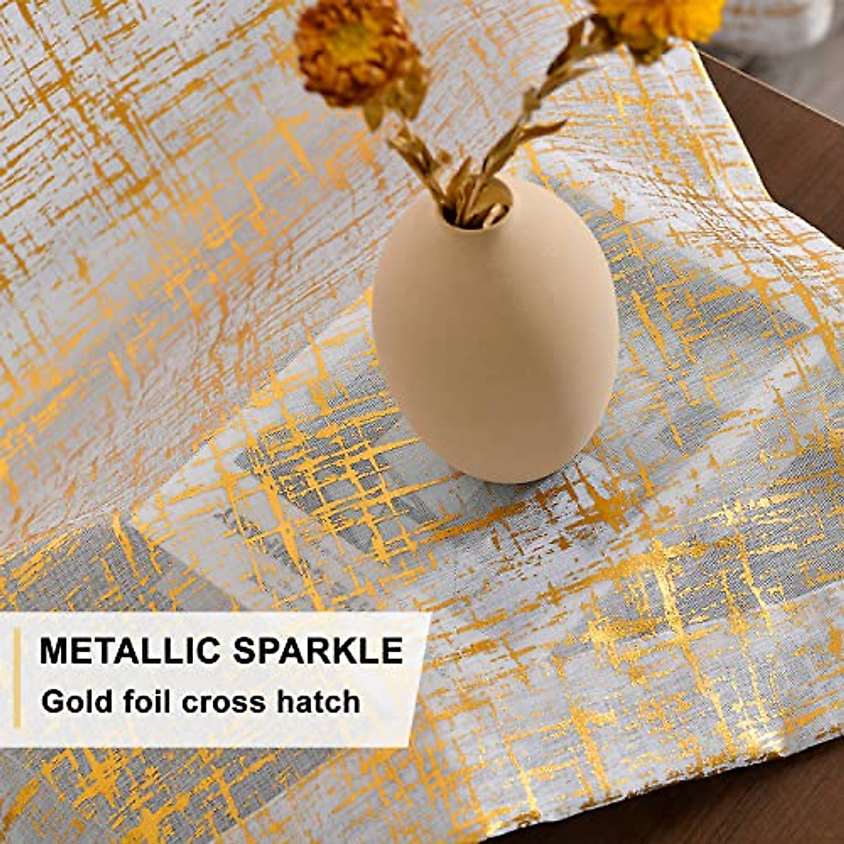 TERLYTEX Gold White Sheer Curtains 63 Inch Length, Metallic Gold Foil Cross Hatch Design Sparkle Sheer Curtains for Bedroom, Rod Pocket Privacy Glitter Sheer Curtains 2 Panels, 52 x 63 Inch, Gold