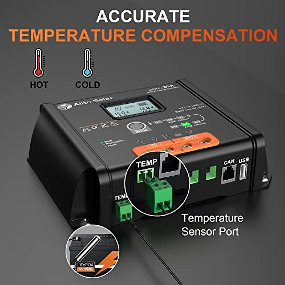 Allto Solar 20 Amp 12V/24V MPPT Solar Charge Controller 20A Solar Charge Regulator with LCD Backlit Display and Temp Sensor Fit for 12/24 Volt Gel AGM Sealed Flooded and Lithium Battery