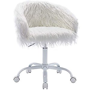 Hi&Yeah Cute Unicorn Faux Fur Desk Chair with Roller Wheel, Comfy Fluffy Adjustable Height Home Office Chair for Teens Adults Study Room Bedroom, White