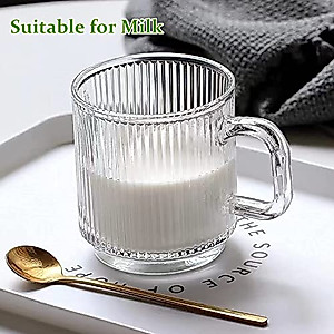 Qipecedm 6 PACK Premium Glass Coffee Mugs with Handle, 12 OZ Classic Vertical Stripes Glass Coffee Cups, Transparent Tea Cup for Hot/Cold Beverages, Glassware Set for Americano, Latte, Cappuccino