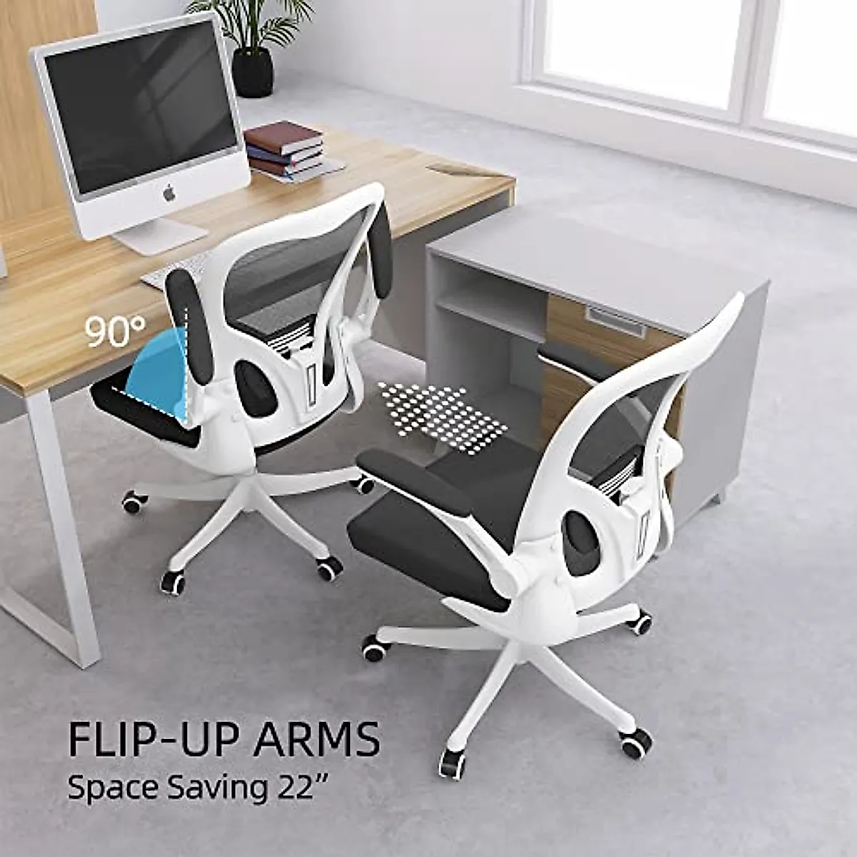 Monhey Office Chair - Ergonomic Office Chair with Lumbar Support & Flip Up Arms Home Office Desk Chairs Rockable High Back Swivel Computer Chair White Frame & Black Mesh Study Chair