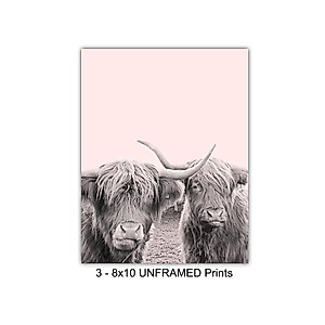 Cow Wall Decor - Cow Decorations for Home, Kitchen, Bathroom, Bedroom, Living Room, Apartment, Office - Highland Cow Gift for Women - Cute Unique Boho Cow Wall Art - 8x10 Pink Photo Picture Set