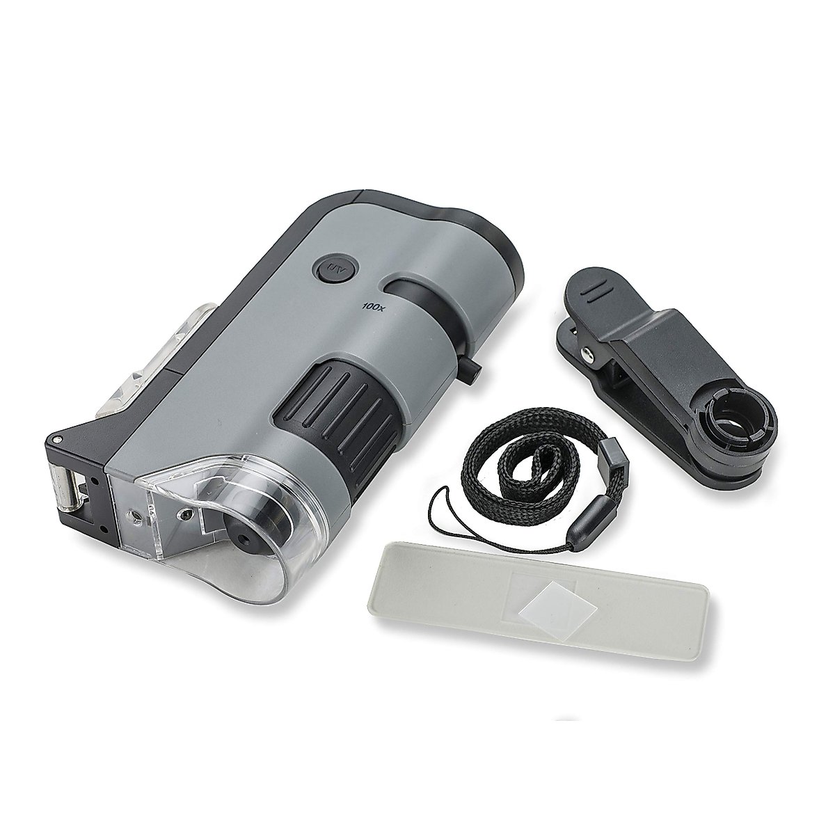 Carson MicroFlip 100x-250x LED and UV Lighted Pocket Microscope with Flip Down Slide Base and Adapter with CarsonCam Phone App - Set of 4 (MP-250MU)