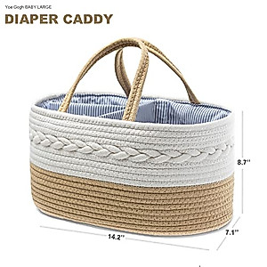 Yoe Gogh Baby Diaper Caddy Organizer, Rope Woven Nursery Storage Basket with Adjustable Divider, Portable Car Travel Diapers Organizer, Large Capacity Caddies (Khaki)
