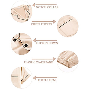 SWOMOG Silk Satin Pajamas for Women Short Sleeve Pjs Sets Button-Down Sleepwear Loungewear Ruffle Hem Nightwear Champagne