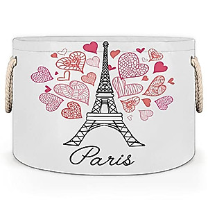 Valentine's Day Heart Eiffel Tower Large Round Baskets for Storage Laundry Baskets with Handles Blanket Storage Basket for Bathroom Shelves Bins for Organizing Nursery Hamper Girl Boy
