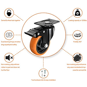 4 Inch Caster Wheels, Casters Set of 4 Heavy Duty, Industrial Casters with Brake, Polyurethane Foam No Noise Casters, Locking Swivel Plate Casters for Furniture&Workbench Cart(Free Two Hardware Kits)