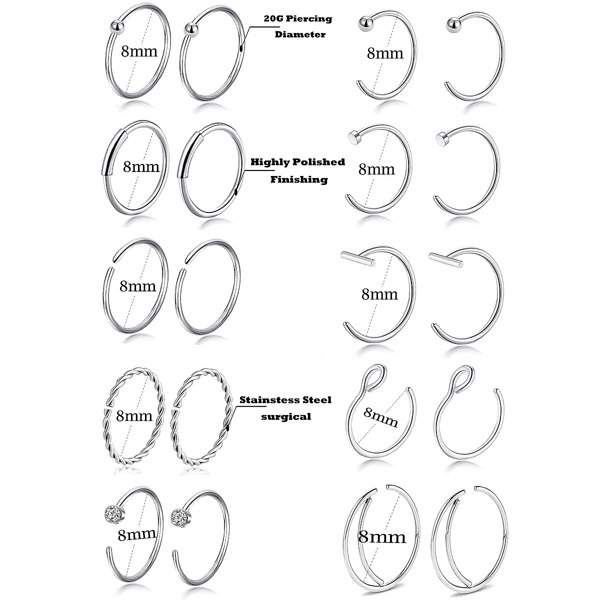 Ofeiyaa 38Pcs Stainless Steel Nose Rings Geometric Nose Studs Septum Ring Hoop Cartilage Stud Nose L & I Shape Body Piercing Jewelry for Women Silver Rose Gold Tone (A2:38pcs,S Silver Stone)