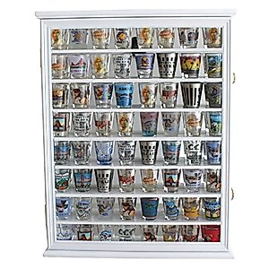 Shot Glass Display Case Solid Wood Wall Shot Glass Cabinet Rack Holder Lockable with UV Protection Acrylic Glass Door Shot Glass Collection Display Cabinet Mirror Back (White Finish)