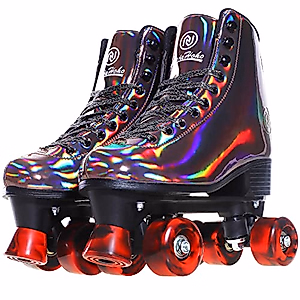 JajaHoho Roller Skates for Women, Holographic High Top PU Leather Rollerskates, Shiny Double-Row Four Wheels Quad Skates for Girls and Age 8-50 Indoor Outdoor (Size 7, Golden Black)